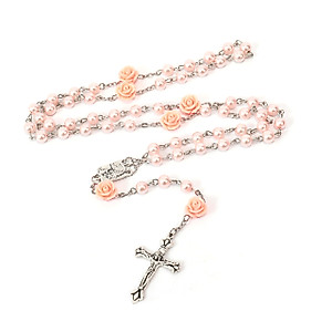 Nazareth Store Catholic Pink Pearl Beads Rosary Necklace Our Rose Flowers, Lourdes Medal & Cross NS