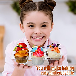 Uiifan 25 Pcs x 6 Counts Stackable Cupcake Carrier Holders with 300 Cupcake Liners and 150 Spoons, Plastic Cupcake Boxes for 6 Cupcakes Clear Disposable Container with Detachable Tall Dome Lid