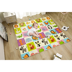79 x 71” Baby Play Mat Reversible Foldable Floor Playmat Extra Large Thick Foam Playmat Non-Toxic Waterproof Crawling Mat for Infants Toddlers and Kids Indoor Outdoor Use (Car-Animal)