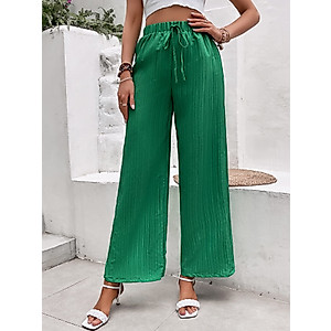 SweatyRocks Women's Boho Elastic Waist Pleated Pants Wide Leg Palazzo Pants Loose Trousers Solid Green XL