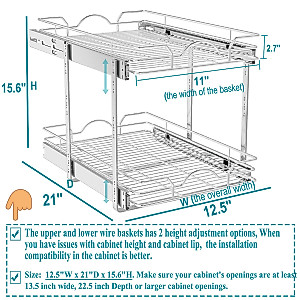 OCG 2 Tier Pull Out Cabinet Organizer (12.5" W x 21" D), Pull Out Drawers for Kitchen Cabinets, Pull Out Shelves for Base Cabinet Organization in Kitchen Bathroom Pantry, Chrome Finish