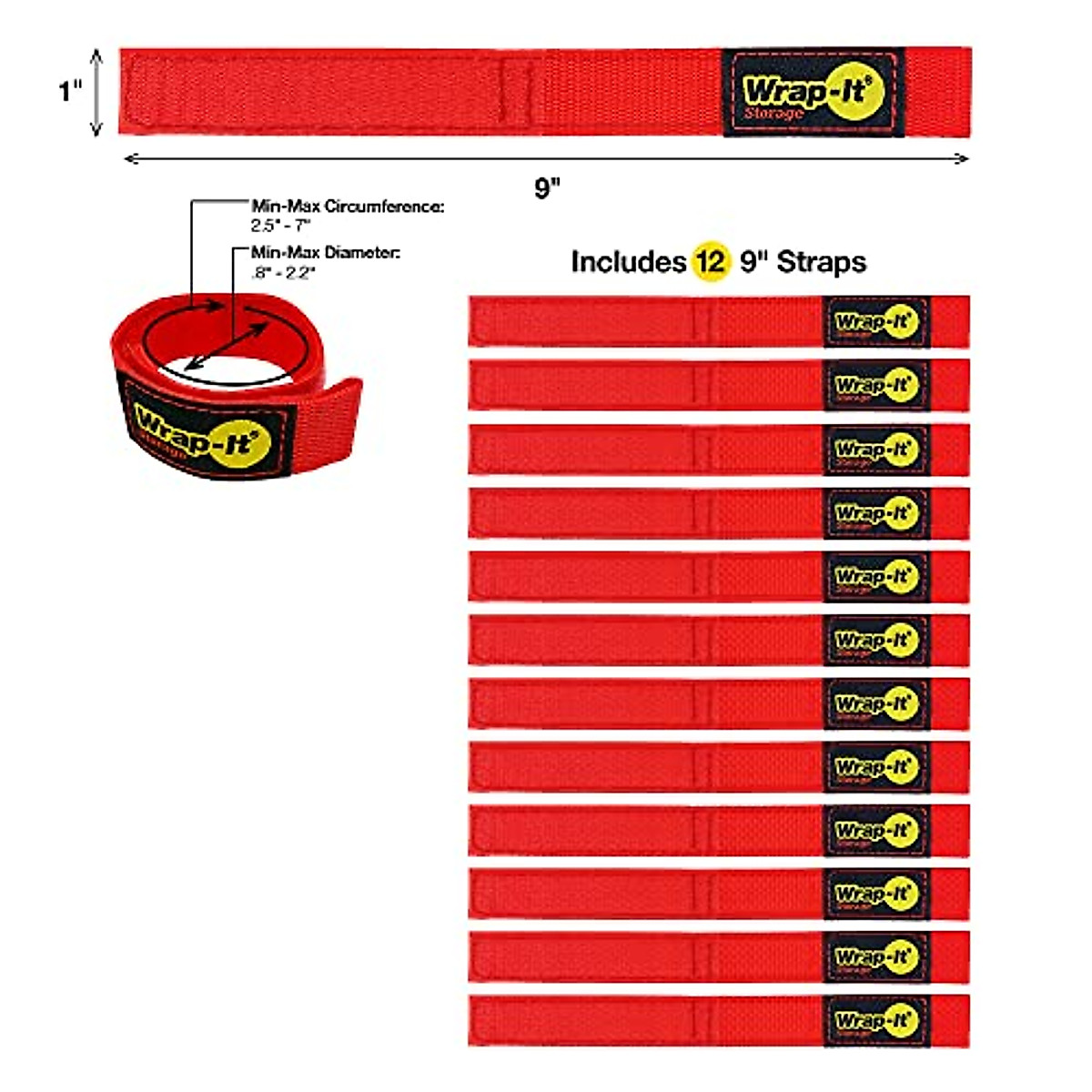 Wrap-It Storage Quick-Strap Cord Wraps, 9 inch (12 Pack) Red - Hook and Loop Strap, Extension Cord Holder Gifts for Boat, Rope, Hose, and Cable Storage and Organization
