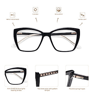 AMOMOMA Trendy TR90 Oversized Blue Light Reading Glasses Women,Stylish Square Cat Eye Glasses AM6031C1 with Black Frame 1.5 x