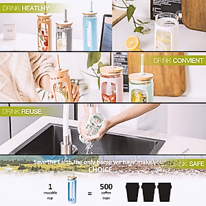 Kodrine 24 oz Glass Water Bottle with Bamboo Straw and Lid, Wide Mouth Water Tumbler,Straw Silicone Protective Sleeve BPA FREE-Amber