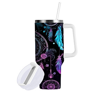 FLildon 40oz Tumbler with Handle and Straw Lid, Purple Dream Catcher Insulated Coffee Mug Stainless Steel Water Bottle Leakproof Vacuum Travel Coffee Cup