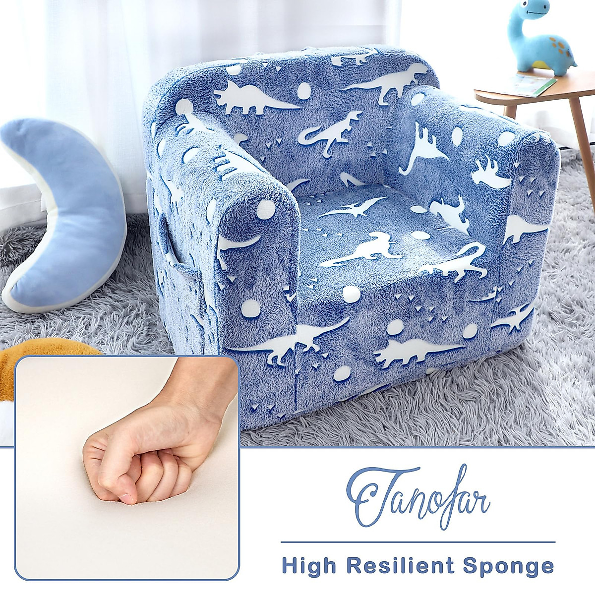 TANOFAR Kids Couch, Toddler Chairs Comfy, Kids Sofa for Boys Ages 1-6, Toddler Foam Couch Glow in The Dark, Soft Comfortable, Cute Dinosaurs