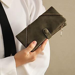 Women Vegan Leather Wallet Bifold Clutch Large Capacity Card Organizer Buckle Long Purse for Girls Candy Color (Dark-Green)