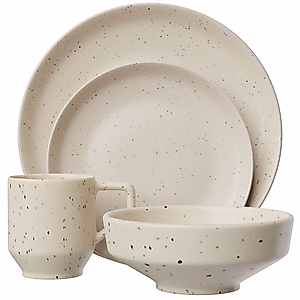 American Atelier Reactive 4-Piece Stoneware Place Setting | Coffee Mug, Bowl, Plate Set | Kitchenware | Stoneware Dinnerware Set | Microwave, Dishwasher Safe | Service for 1 (Speckled Cream)