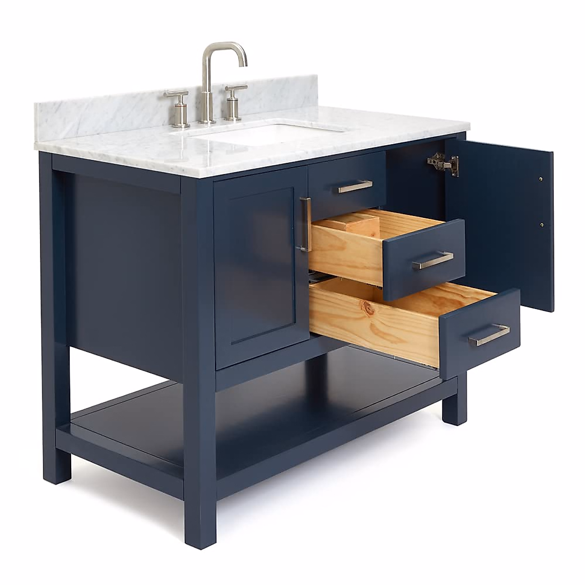ARIEL Bayhill 43 in. Rectangle Sink Vanity with Carrara White Marble Countertop in Midnight Blue