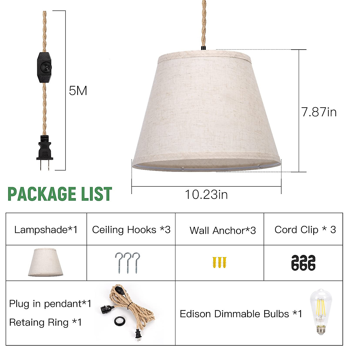 Dexnump Plug in Pendant Light, Hanging Light with Plug in Cord Dimmable Switch, Hanging Lamp with 15 ft Hemp Rope Cord, Pendant Light Fixture for Bedroom Kitchen Island Living Room (Bulb Included)