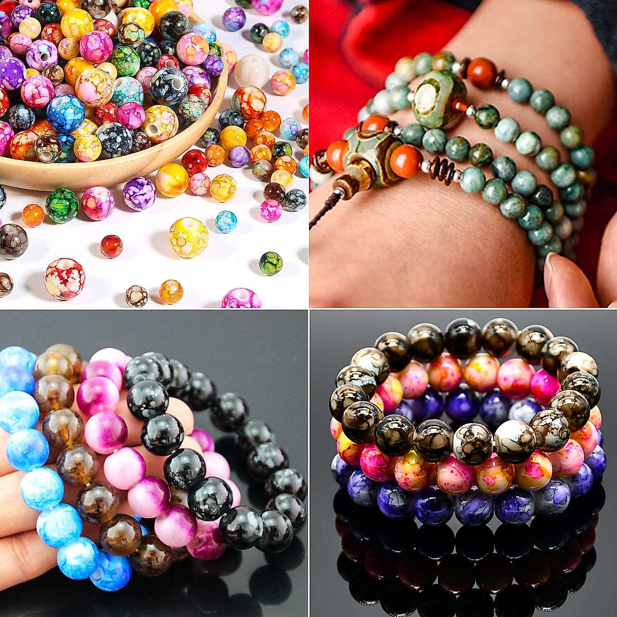 Glass Beads for Jewelry Making, 600pcs 8mm Glass Crystal Pattern Beads 24 Colors Snowflake Marble Gemstone Beads Imitation Jade Craft Beads for DIY Earrings Necklace Bracelet (Snowflake Crystal Bead)