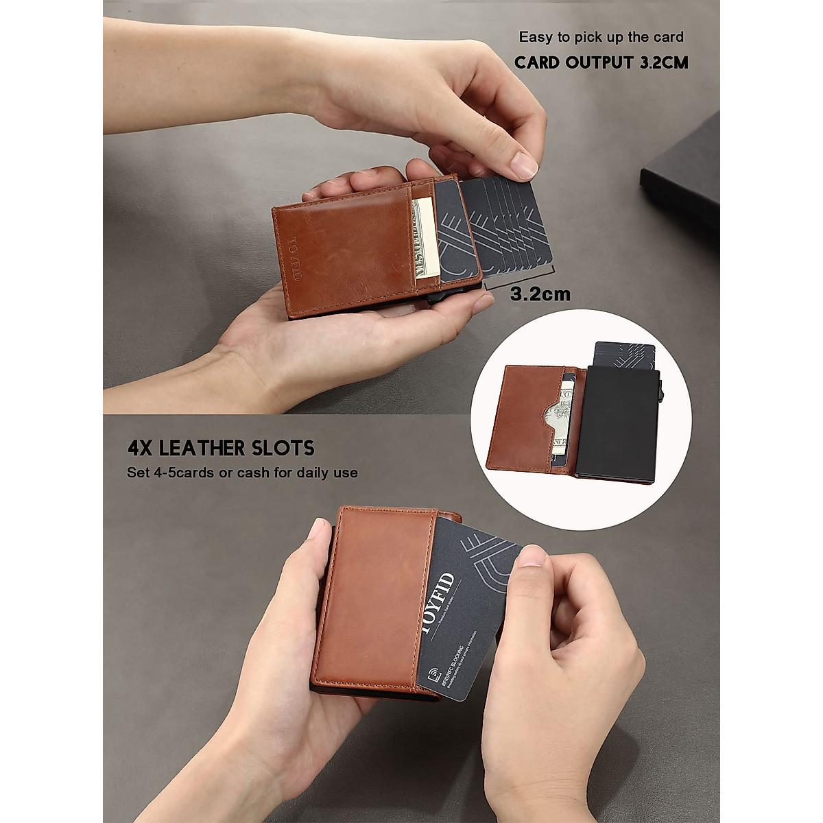 TOYFID Minimalist Wallet for Men,Slim Wallet for Men,Pop Up Wallet, Slim Card Holder RFID Blocking, Leather Wallets with Money Pocket,Minimalist Card Case Up to 11 Credit Cards (Brown)