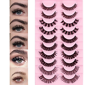 LOCEAST False Eyelashes Russian Strip Lashes Fluffy 5 Styles Mixed Fluffy Volume D Curl Eyelashes Handmade Lightweight Cat Eye Faux Mink Eyelashes 10 Pairs Pack