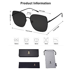 SOJOS Trendy Oversized Square Metal Frame Sunglasses for Women Men Retro Big Flat Lens UV Protection Sunglasses SJ1146, Black Frame/Grey Lens