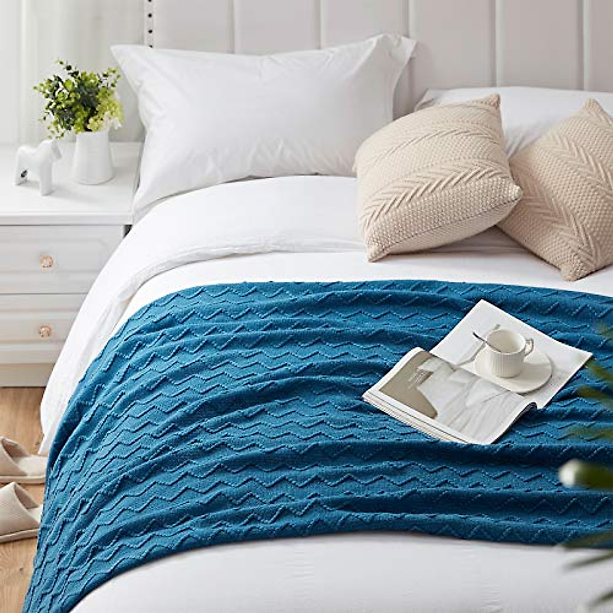 NexHome Throw Blanket for Bed Blue Decorative Knit Blanket with Tassel Fringe Soft Lightweight Zigzag Textured Boho Throws (50"x60" Royal Blue)