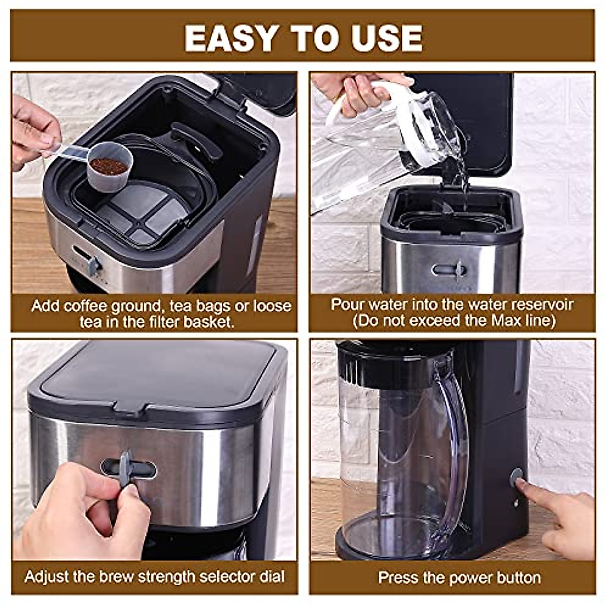 LITIFO Iced Tea Maker and Iced Coffee Maker Brewing System with 2-quart Pitcher, sliding strength selector for Taste Customization, Stainless Steel Decoration (Black)