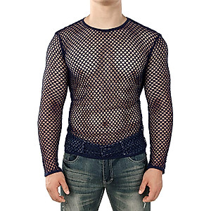 VOWUA Men's Mesh See Through Fishnet Shirts Muscle Pullover Long Sleeves Crew Neck Casual Clubwear Blouse Navy