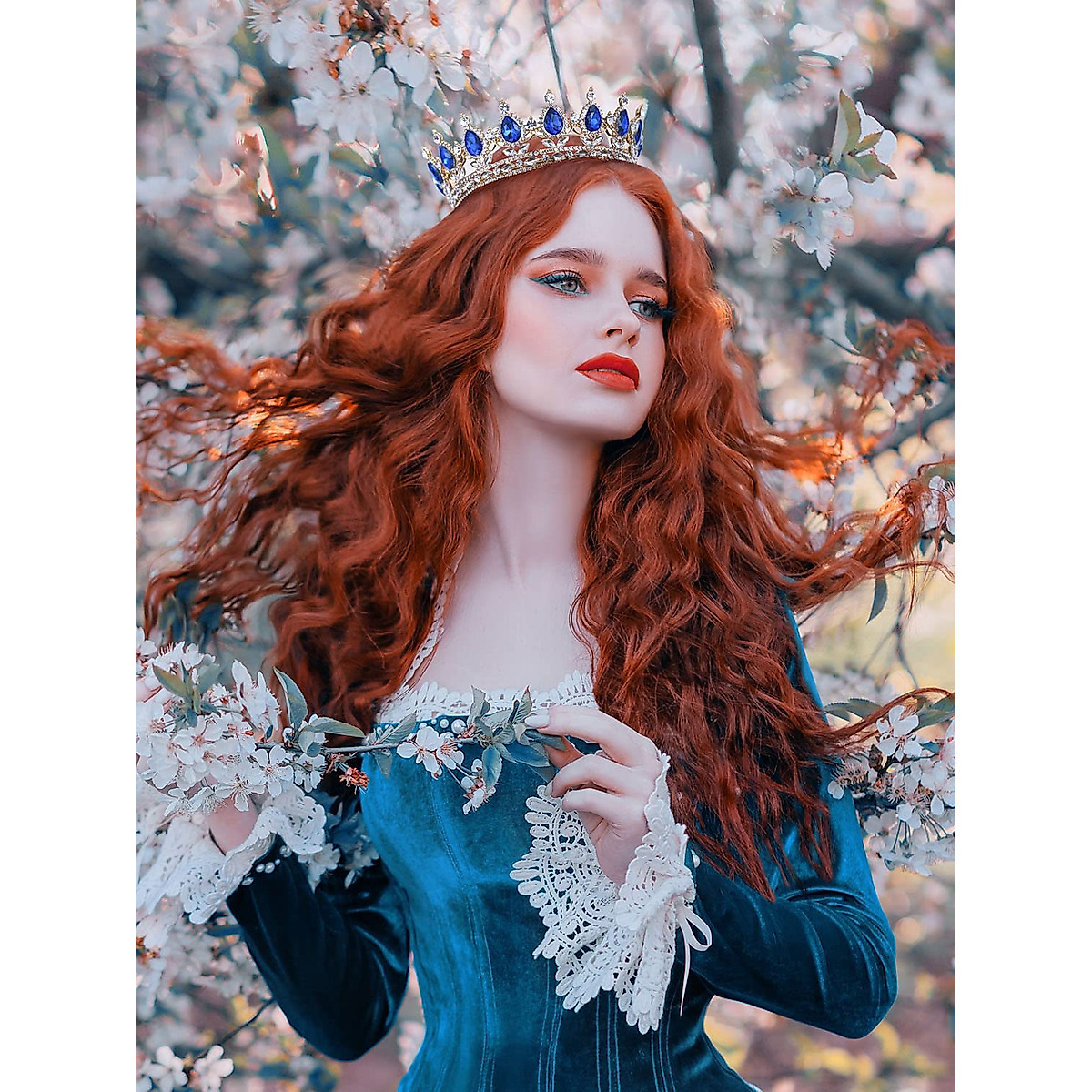 SWEETV Crystal Queen Crown for Women, Rhinestone Wedding Tiara Headband, Full Round Princess Crown Hair Accessories for Prom Birthday Costume Party, Royal Blue+Gold