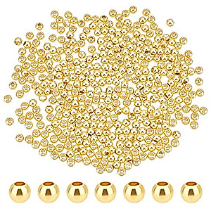 PH PandaHall 500pcs 3mm Gold Beads 18K Gold Plated Beads Long-Lasting Round Smooth Spacer Beads Seamless Loose Balls Mini Seed Beads for Summer Hawaii Stackable Necklace, Bracelet, Earring Making