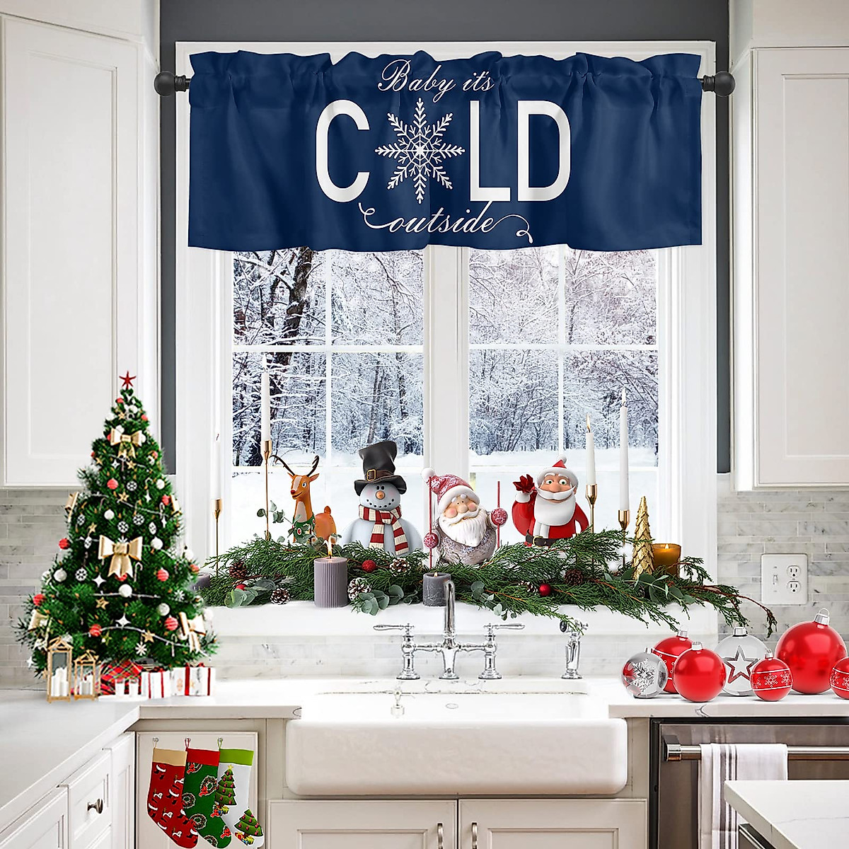 Kitchen Curtains Valances for Windows, Christmas Valance Curtains Rod Pocket Window Treatment Decor Valances for Living Room Bedroom Cold Winter Snowflakes Blue Backdrop, 1 Panel 54 x 18 Inch
