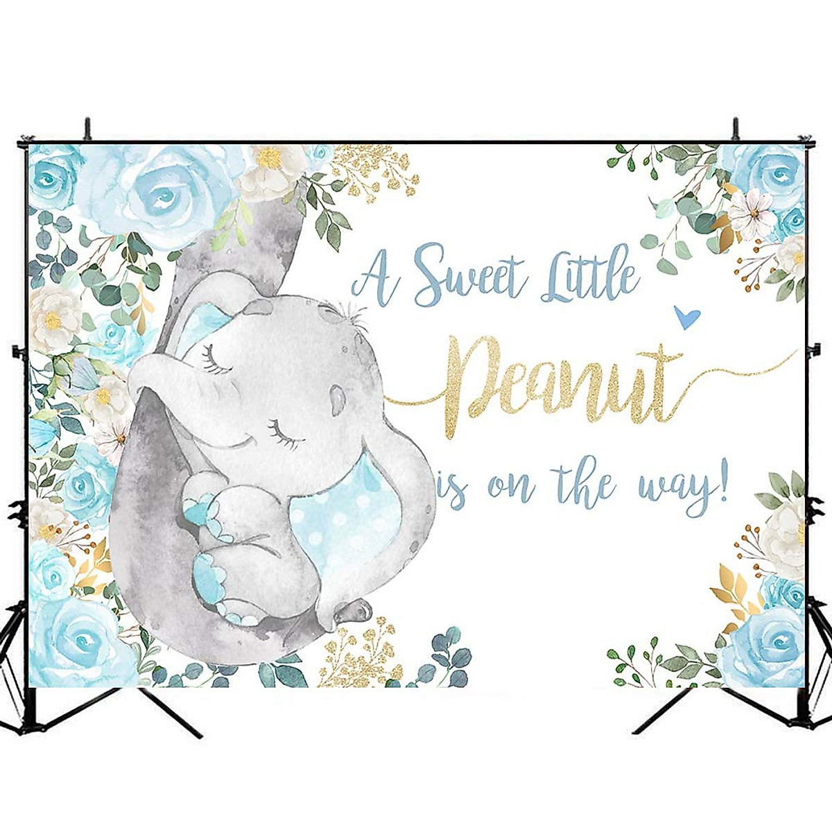 Avezano Boy Elephant Baby Shower Backdrop Blue Floral Rpse Jungle Elephant Baby Shower Background Vinyl Blue and Gold Elephant Baby Shower Party Decorations Backdrops for Boys (8x6)