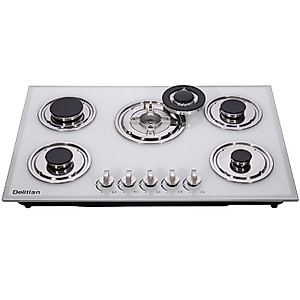 30 Inch Gas Cooktop DTW5701 White Tempered Glass Gas Stovetop, 5 Gas Burners LPG/NG Convertible Gas Stove Thermocouple Protection Gas Hob