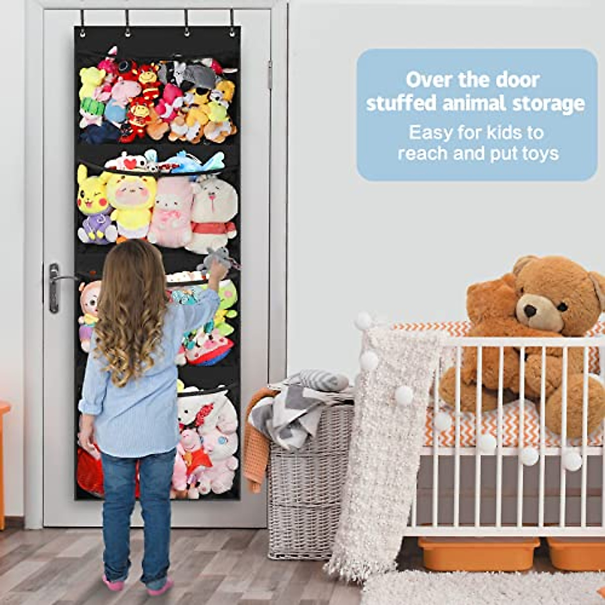 Melpler Stuffed Animal Storage - Stuffed Animal Holder, Hanging Stuffed Animal Organizer for Nursery, Over the Door Organizer for Stuffies, Toy Plush Storage with 4 Hooks 3 Support Rods(Black)
