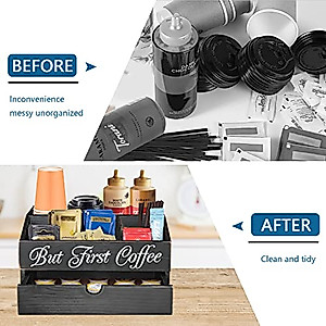 Coffee Station Organizer, Wood K Cup Coffee Pods Holder with Drawer, Countertop Coffee Bar Accessories Tea Bag Organizer, Coffee Bar Condiment Organizer for Coffee Bar Decor, Coffee Lovers Gift