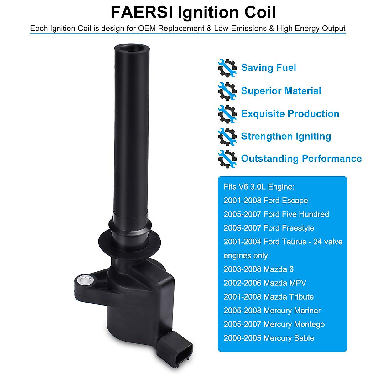 FAERSI Pack of 6 Ignition Coil Compatible with Ford Escape Five Hundred Freestyle Taurus Mazda 6 MPV Tribute Mercury Mariner Montego Sable 3.0L V6 Models Replace OE# 18LZ-12029-AA, DG513,DG500