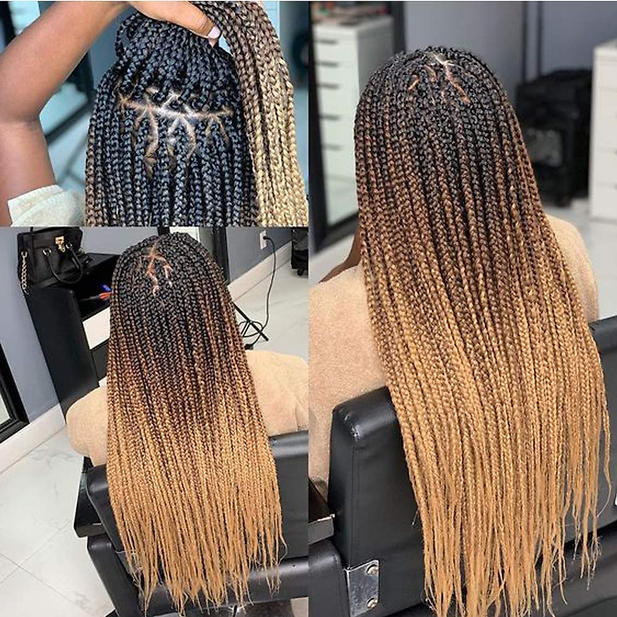 Ombre Box Braids Crochet Hair Medium box braid Pre-Looped 22Strands Three Tones Heat Resistant Fiber Hair (24 Inch,Black-DarkBrown-Light Brown)