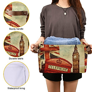 AUUXVA London UK Flag Telephone Booth Storage Bins Basket, Big Ben Union Jack Collapsible Storage Cube Rectangle Storage Box with Handles for Shelf Closet Nursery Bedroom Home Office 2 Pack