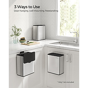 SONGMICS Hanging Trash Can, 2.1-Gallon (8 L) Small Kitchen Garbage Can with Lid, Cabinet Door Hanging or Wall-Mounted with Hooks, for Under Sink, Bathrooms, Metallic Silver ULTB810E08