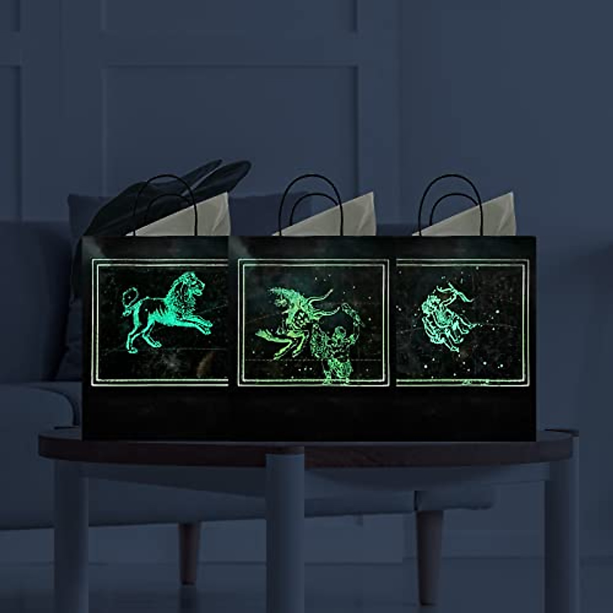 Obami Glow in the Dark Gift Bag with Creative Luminous Constellation Design, 24 pcs include 12 Paper Kraft Bags of 3 Different Sizes & 12 Wrapping Papers
