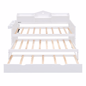 Merax Wooden Storage Shelf, Twin XL Daybed with 2 Trundle, White