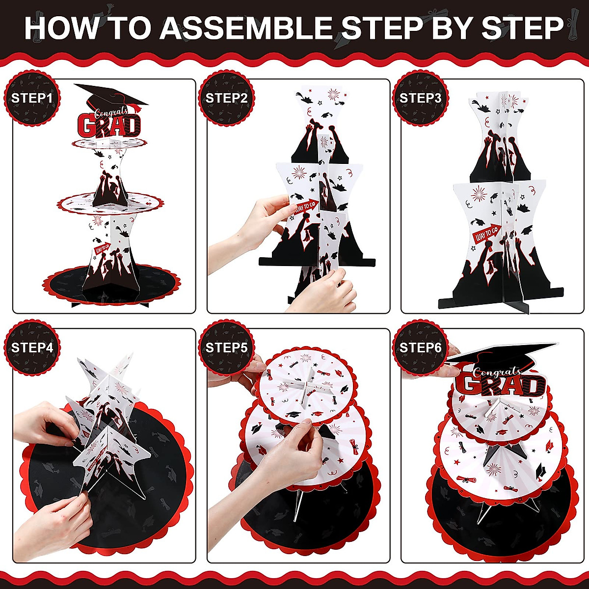 Nuenen 2 Pieces Graduation Cupcake Stand 3 Tier Black Graduation Cupcake Holder 2024 Congrats Grad Cupcake Holder Dessert Tower for Graduation Party Decorations Supplies Favors (Red)