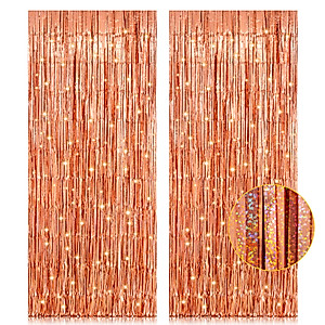 2 Pack 3.2ft x 8.2ft Rose Gold Foil Fringe Curtain Backdrop, Metallic Tinsel Foil Fringe Streamer Curtains Photo Booth Props, Ideal for Bachelorette Birthday Christmas New Year Party Decorations