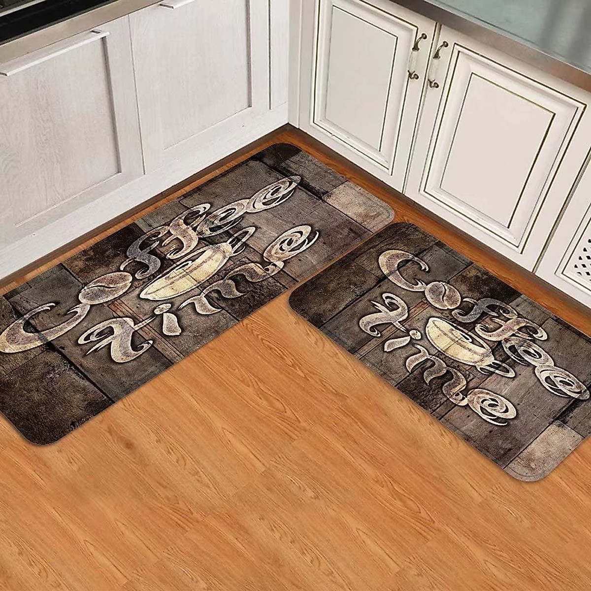 Kitchen Rugs Sets 2 Piece Floor Mats Grunge Lettering Modern Coffee Time and Coffee Cup Retro Wood Durable Doormat Farmhouse Area Rugs Washable Runner Carpet Set Non Slip Vintage Kitchen Rug and Mats