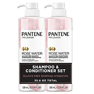 Pantene Sulfate Free Shampoo and Conditioner Set, Rose Water, Soothing and Moisturizing, Nutrient Infused with Vitamin B5, for all Hair Types, Safe for Color Treated Hair,Pro-V Blends, 17.9 oz,2-Count