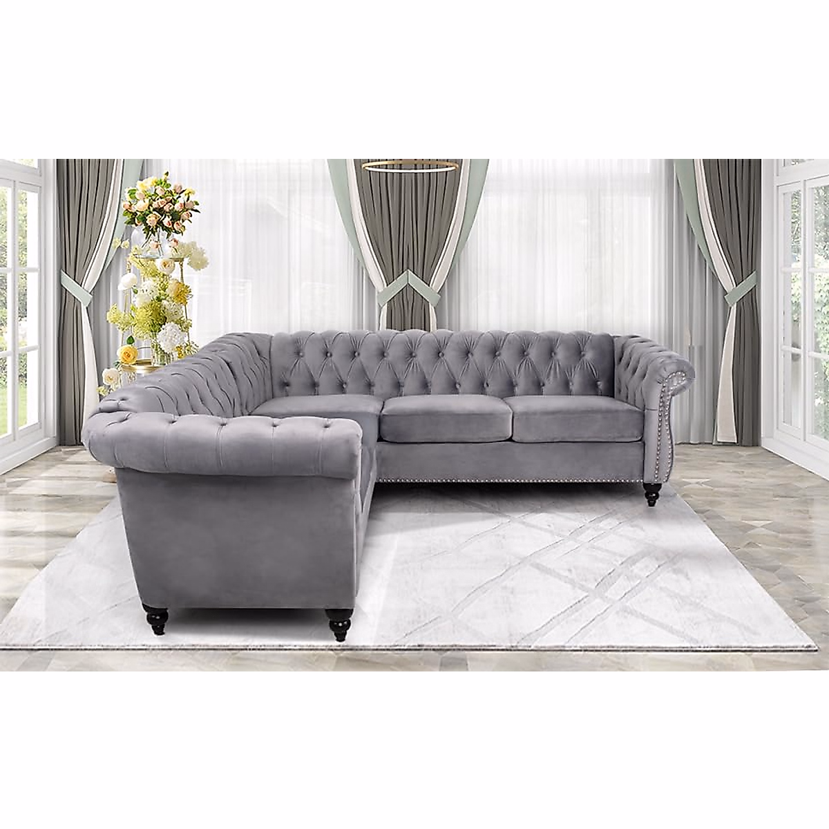 RARZOE Chesterfield L Shaped Sectional Sofa, Deep Button Tufted Velvet Sofa, Upholstered Rolled Arm Classic Chesterfield Settee Sofa, Modern 5 Seater Couch Furniture for Living Room, Grey