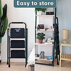HBTower 3 Step Ladder, Folding Step Stool with Wide Anti-Slip Pedal, 500 lbs Sturdy Steel Ladder, Convenient Handgrip, Lightweight, Portable, Green and Black