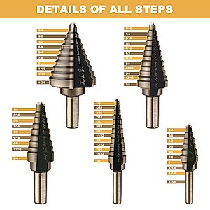 Aleric Step Drill Bit Set - 5 Pcs HSS Titanium Step Drill Bits,High Speed Steel Step Bits for Metal,Wood,Plastic, Step Bit,Multiple Size Hole Cutting Drilling Cone Unibit Step Drill Bit for DIY Lovers