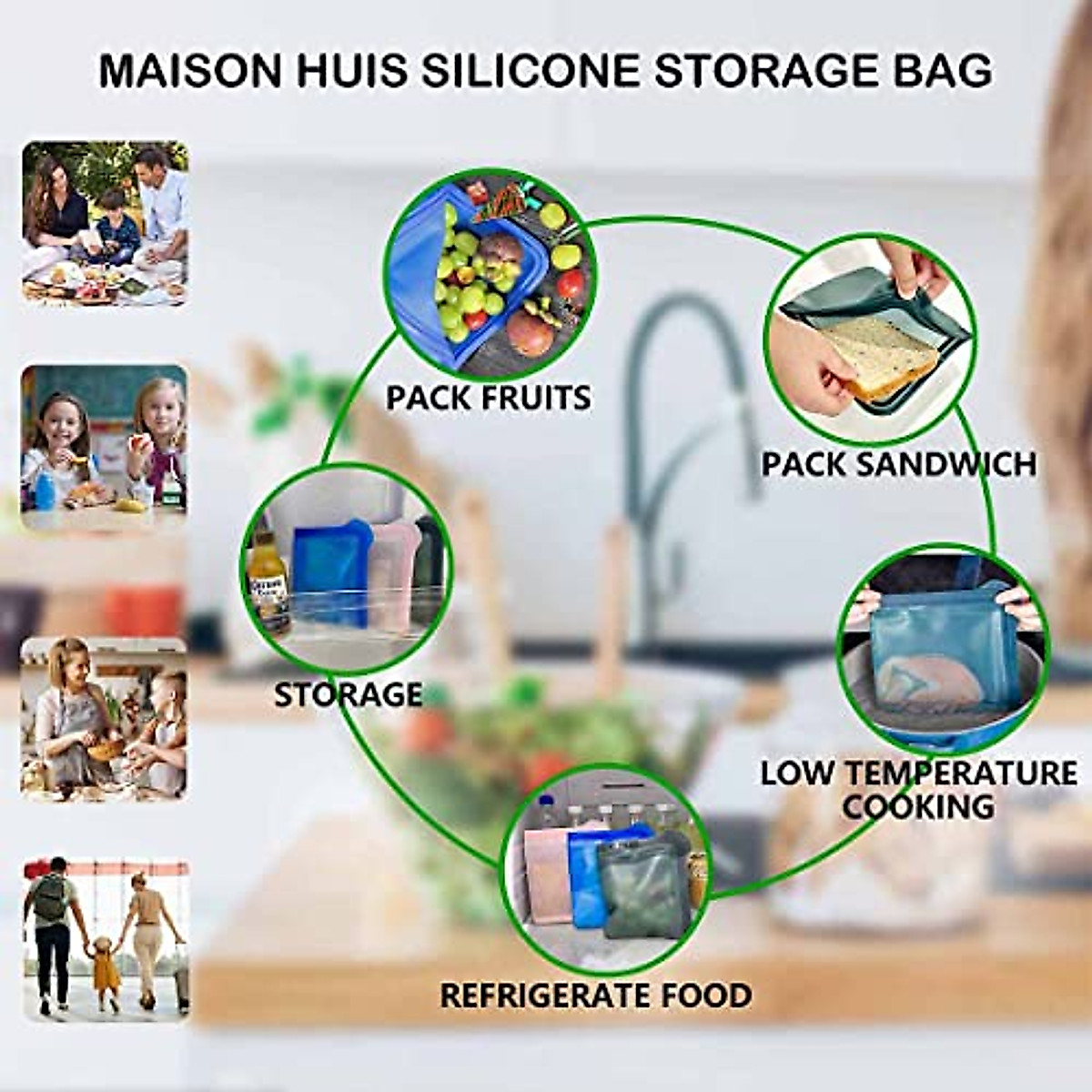 MAISON HUIS Silicone Sandwich Storage Bag, Extra Thick Reusable Silicone Sandwich Washable Bag, BPA Free Kitchen Storage Bag for Food, Leakproof(1PC,Blue)