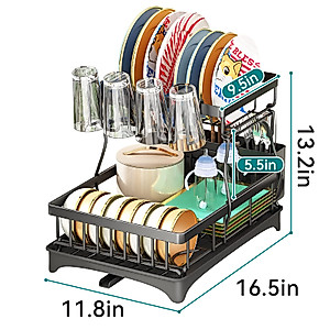 PXRACK Dish Drying Rack, Dish Racks for Kitchen Counter, Rrustproof Large 2 Tier Dish Drying Rack, Space-Saving Dish Drainers for Plate Utensil Cup Dish Drying Rack with Drainboard