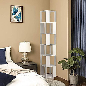 QIHANG-US 6 Tier Wooden Bookcase Corner Tall Book Shelf Modern 360° Rotating Storage Display Rack Floor Standing Shelves with Open Design Shelving Unit for Home Office Living Room Study, White