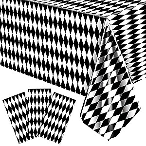 3 Pieces Black and White Checkered Tablecloths Plastic Gingham Table Cover for Wonderland Party Tea Party Supplies Camping Picnic Wedding Birthday Halloween Party Decorations, 54 x 108 Inch