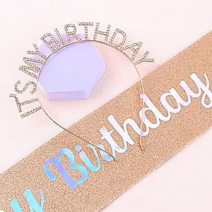 BAHABY Birthday Crowns for Women, It's My Birthday Sash & Birthday Headband Set Princess Birthday Sash and Tiara Birthday Gifts for Women Girls Sweet Happy Birthday Accessories for Party- Rose Gold