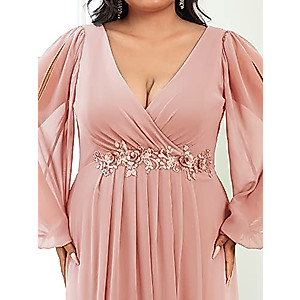 Ever-Pretty Plus Women's Maxi Deep V Neck Long Sleeves Formal Evening Dress Plus Size Pink US14