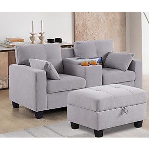 Generic Loveseat Sofa with Storage Ottoman & Console Cupholders, 2 Seater Modular Couch with Charging Station Modern Velvet Small Sectional Couch for Aparment,Home Office, Light Grey, F8001LIST