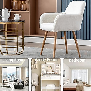 White Faux Fur Desk Chair with Wood-Like Metal Legs,Furry Makeup Vanity Chair for Girls Women,Cute Kids Chair,Fluffy Home Office Chair Without Wheels for Living Room,Bedroom