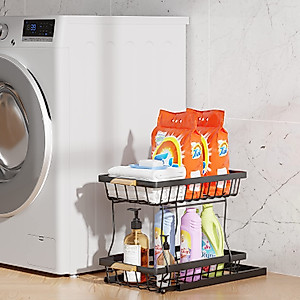 RAOHEVU Under Sink Organizers and Storage, Sliding Under Cabinet Organizer, 2 Tier Bathroom Under Sink Organizer for Kitchen with Wooden Handle